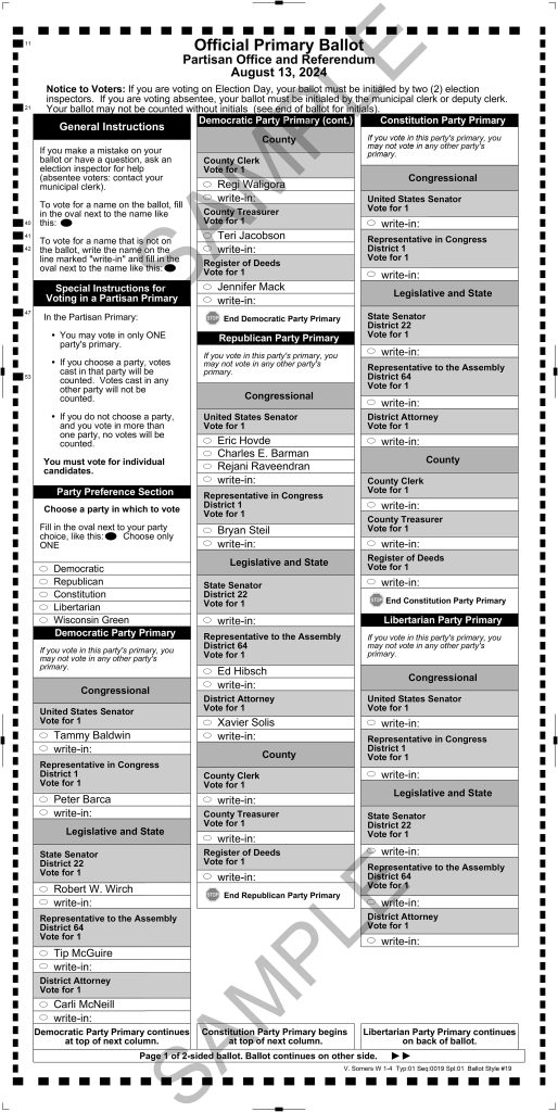 Sample ballots available - Village & Town of Somers, WI